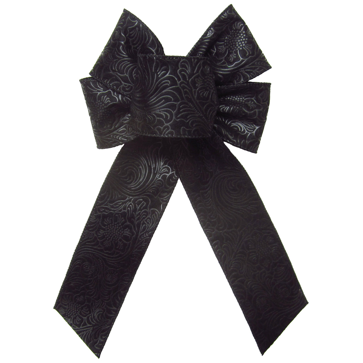 Outdoor Bows - Wired Black Floral Embossed Outdoor Wreath Bow 6"