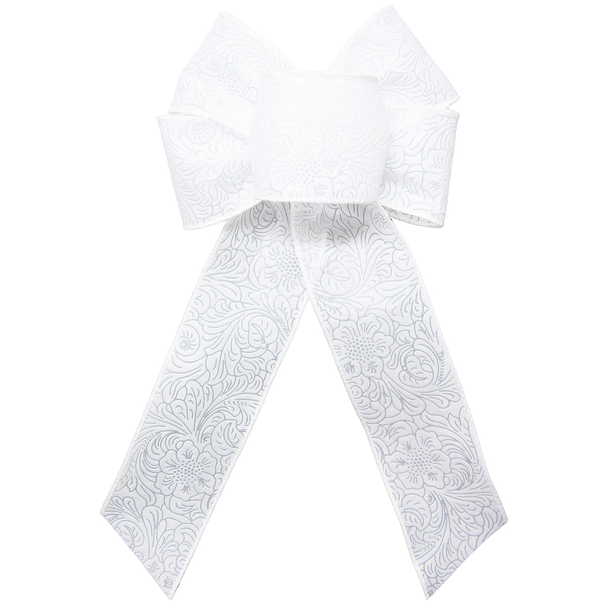 Outdoor Bows - Wired White Floral Embossed Outdoor Wreath Bow 6"
