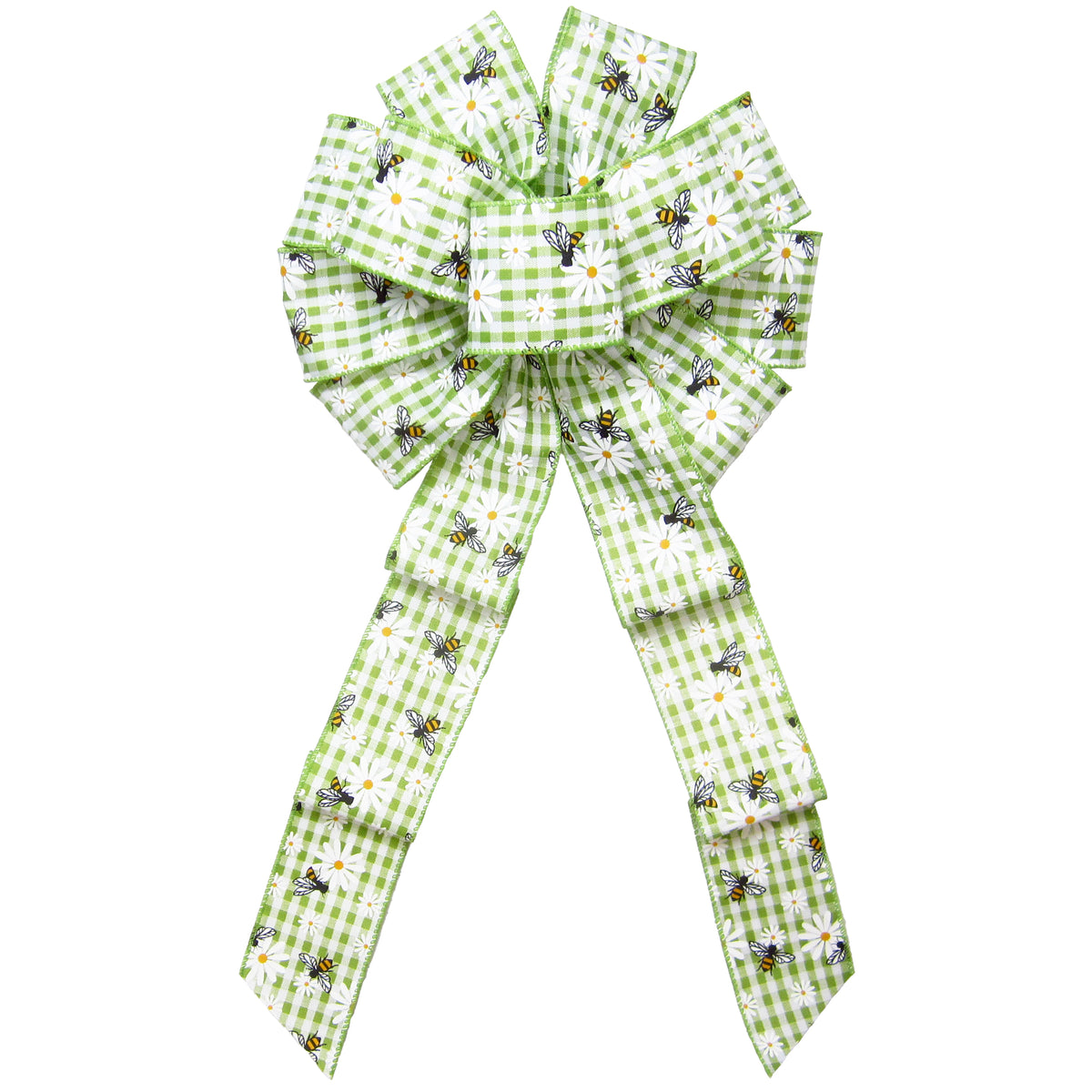 Spring Bows - Easter Bows - Wired Gingham Bees & Daisies Lime Green Bow 10"