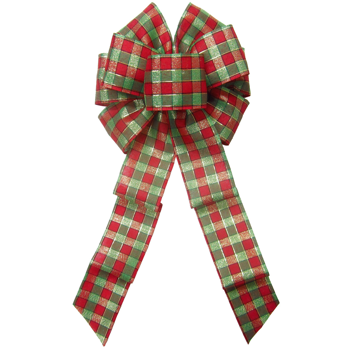Christmas Wreath Bows - Wired Red Green & Golden Checks Bow 8 Inch