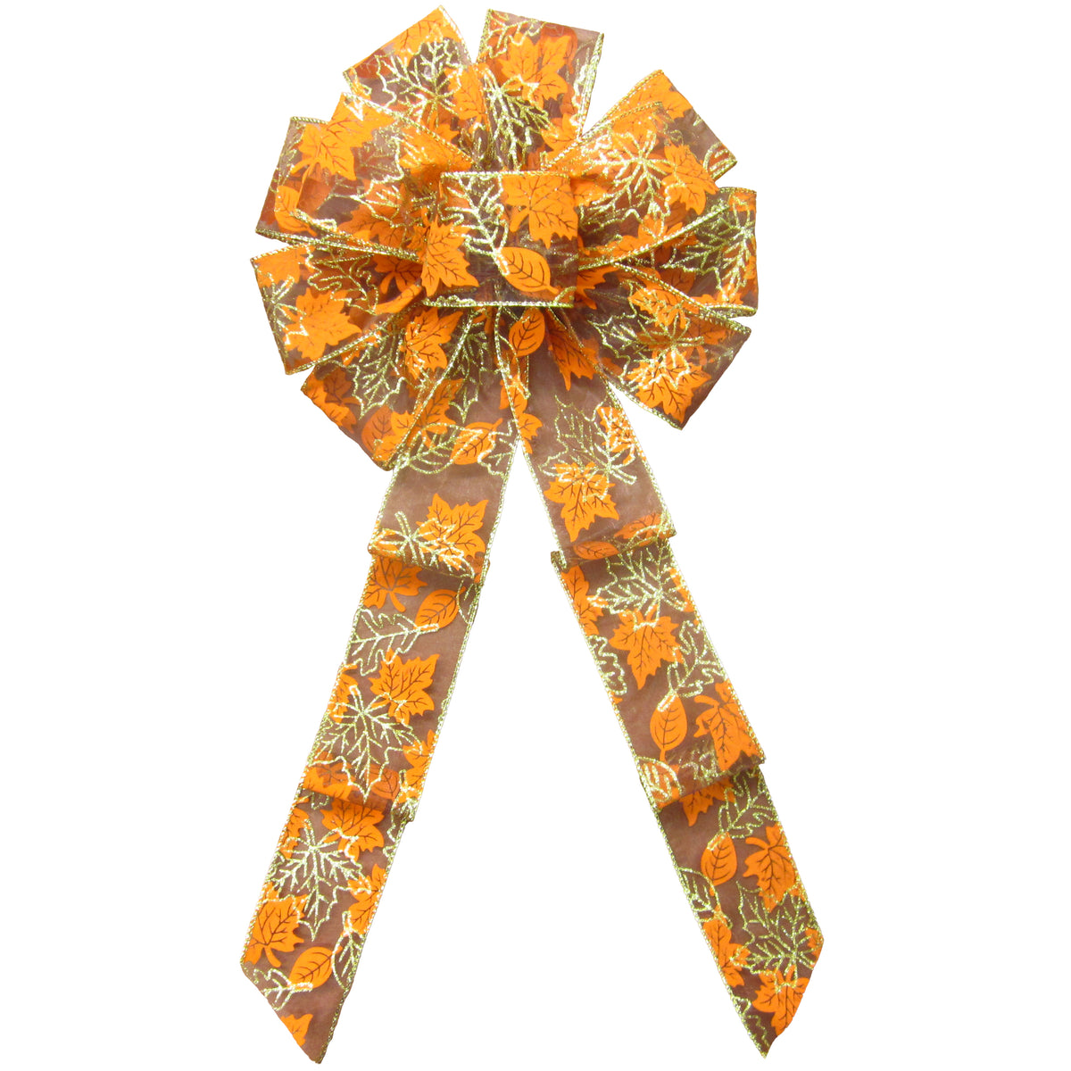 Fall Wreath Bows - Wired Orange & Gold Glitter Fall Leaves Bow 10 Inch