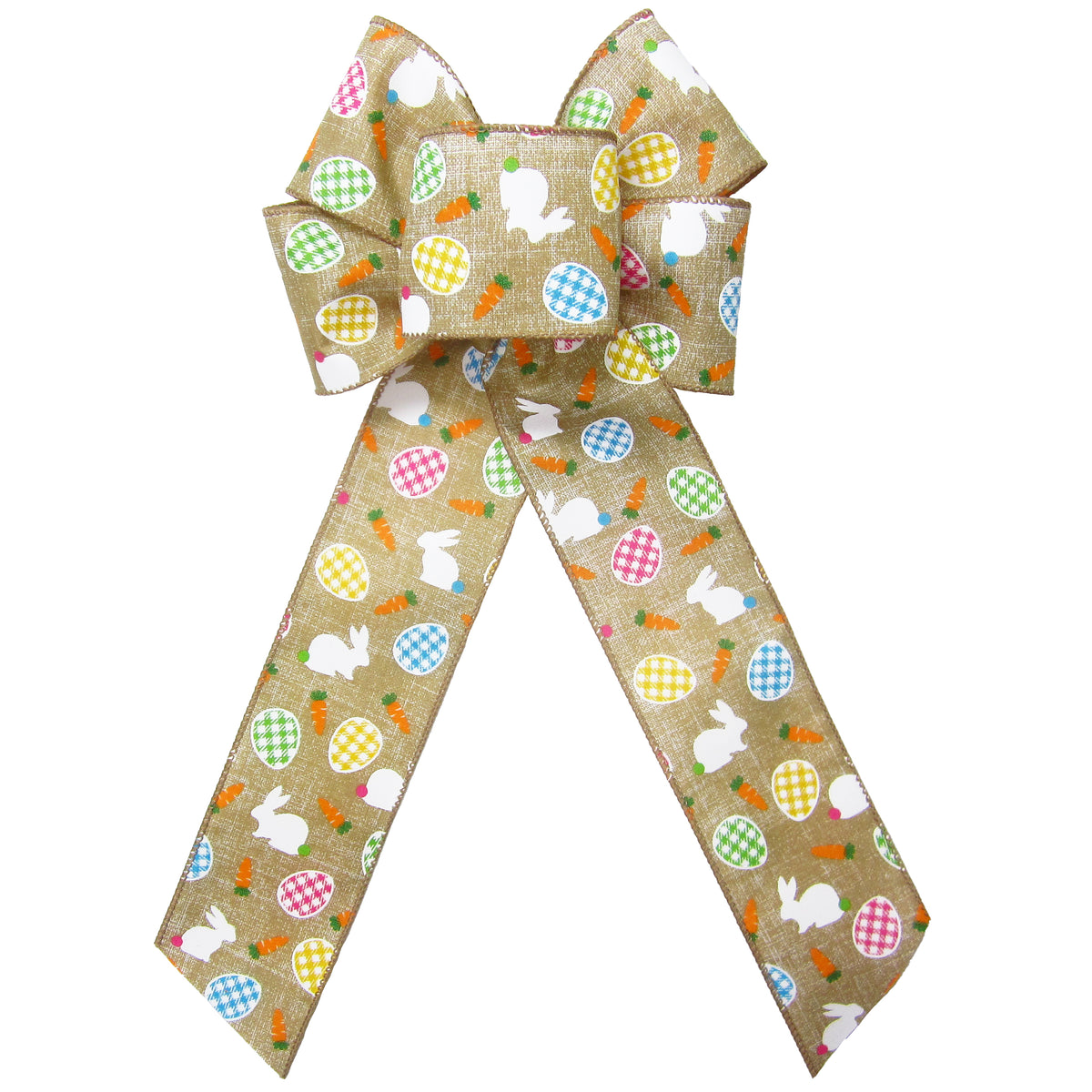 Spring Bows - Easter Bows - Wired Bunnies & Gingham Eggs Natural Bow 6"