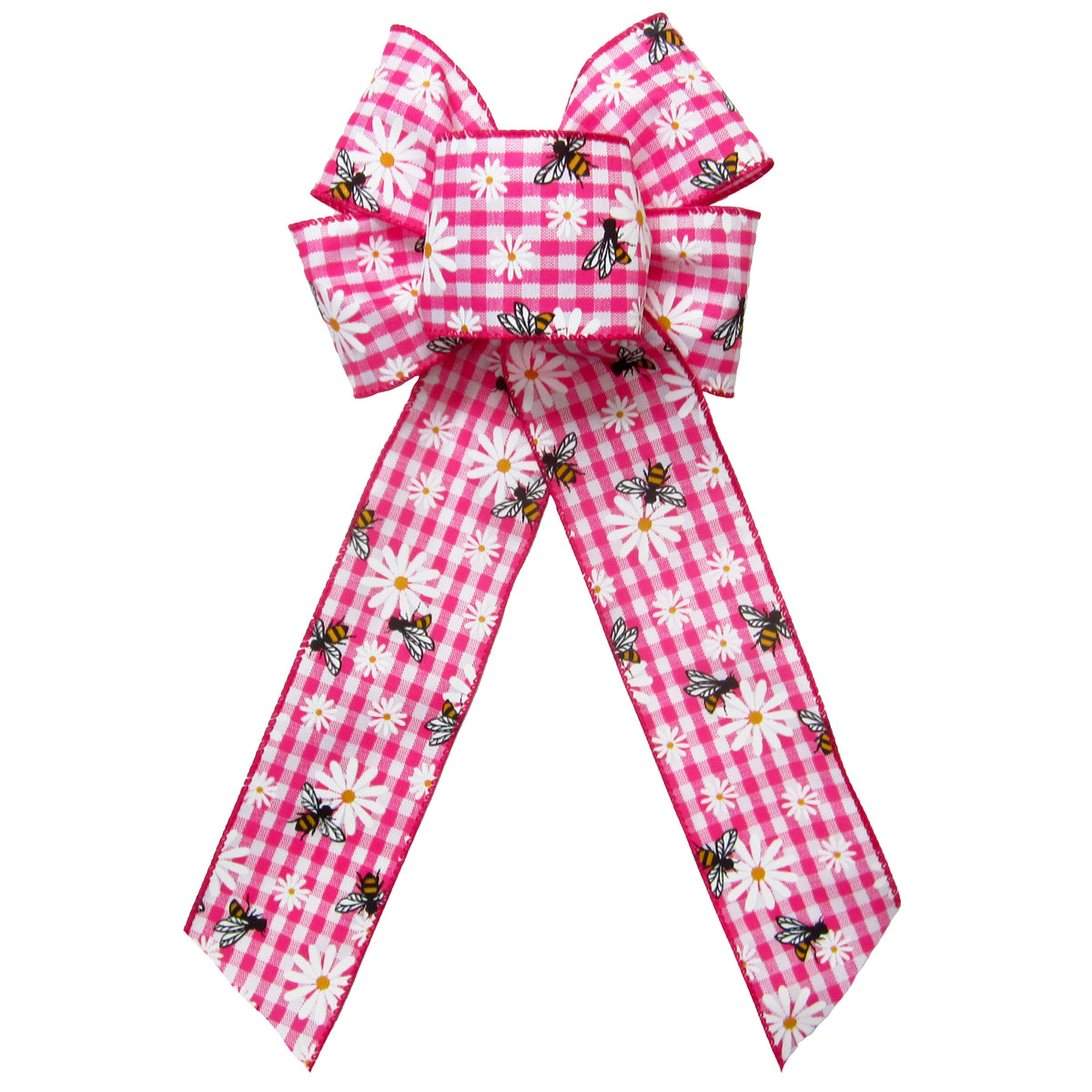 Spring Bows - Easter Bows - Wired Gingham Bees & Daisies Pink Bow 6"