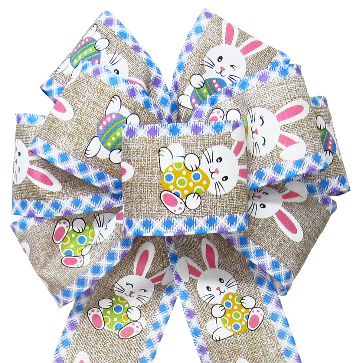 Easter Bows - Wired Happy Bunnies & Easter Eggs Natural Bow 8"