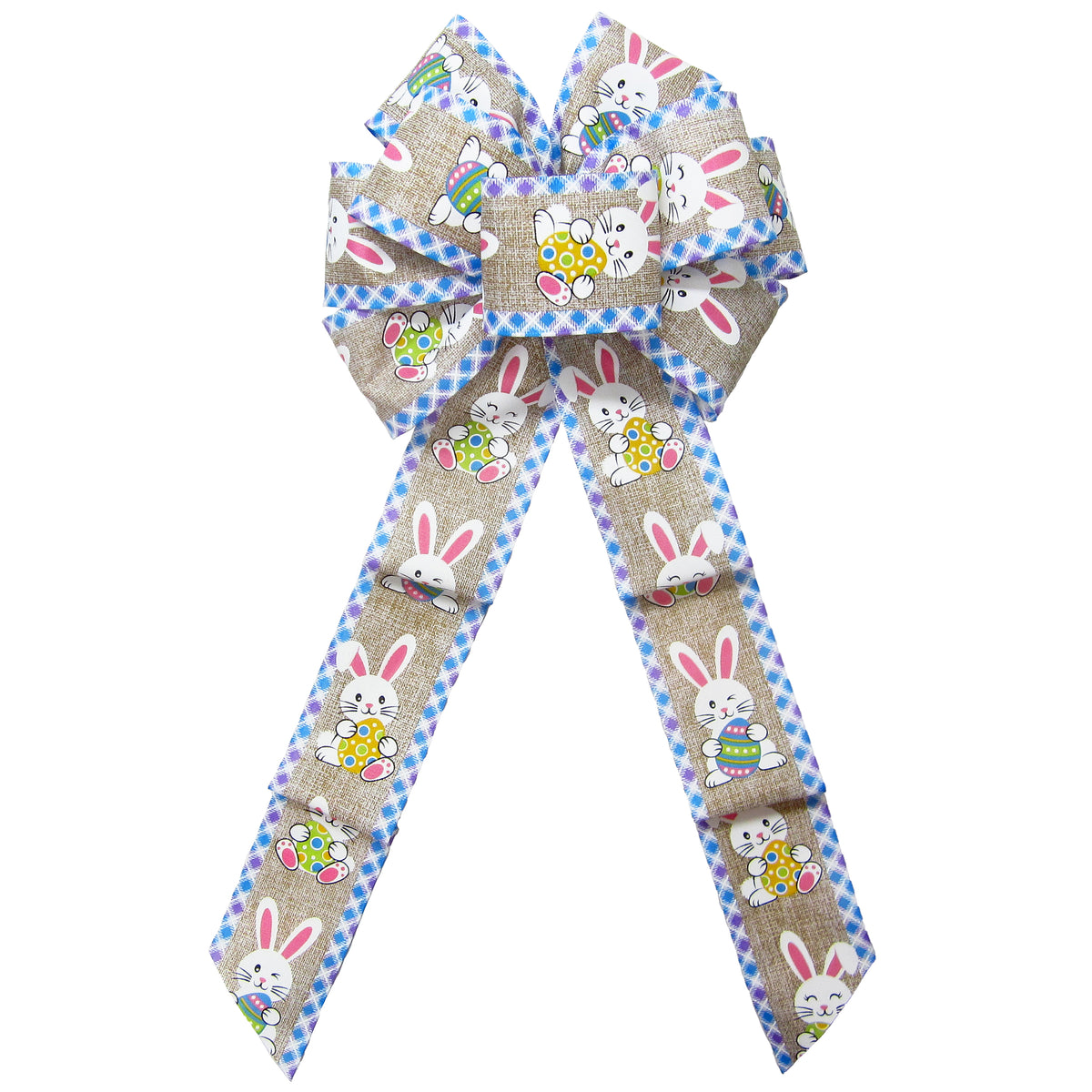 Easter Bows - Wired Happy Bunnies & Easter Eggs Natural Bow 8"