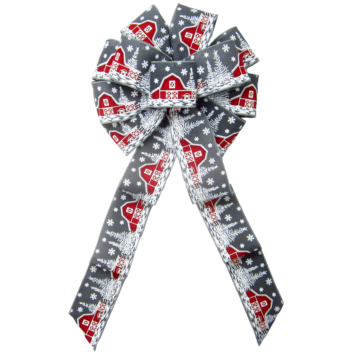 Christmas Wreath Bows - Wired Snowy Red Barn on Grey Linen Bow 10"