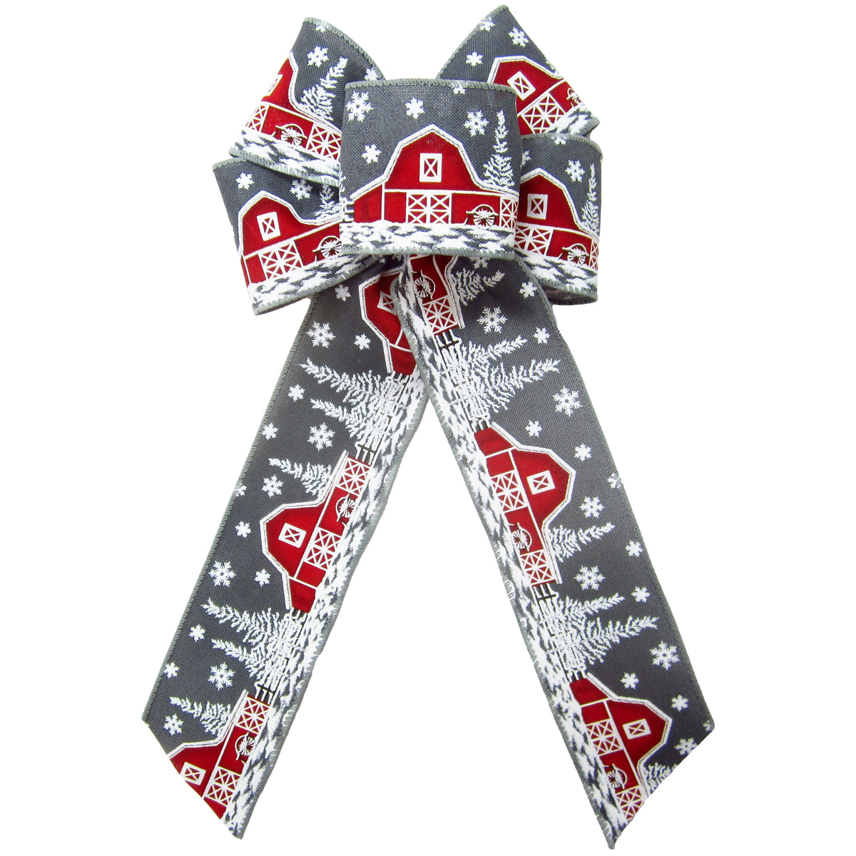 Christmas Wreath Bows - Wired Snowy Red Barn on Grey Linen Bow 6"