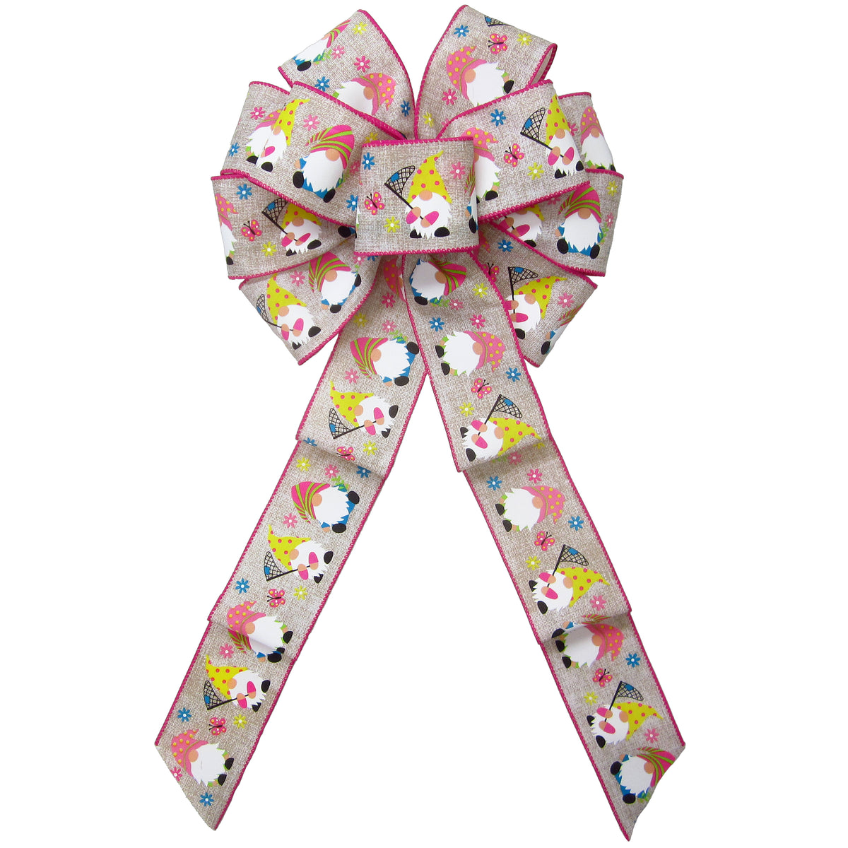 Spring Bows - Easter Bows - Wired Spring Gnomes & Butterflies Bow 10"