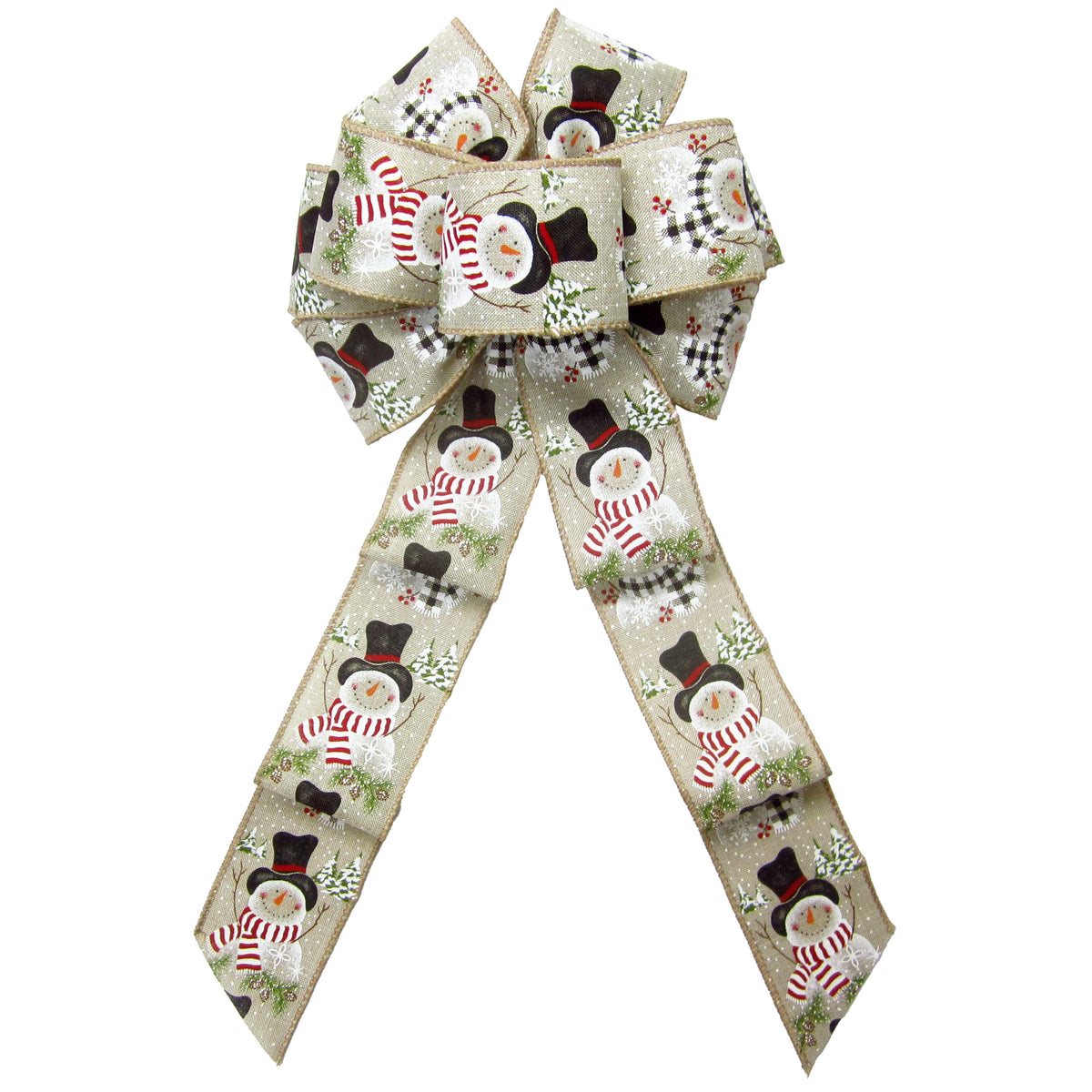 Christmas Wreath Bows - Wired Buffalo Candy Snowman Natural Linen Bow 8"