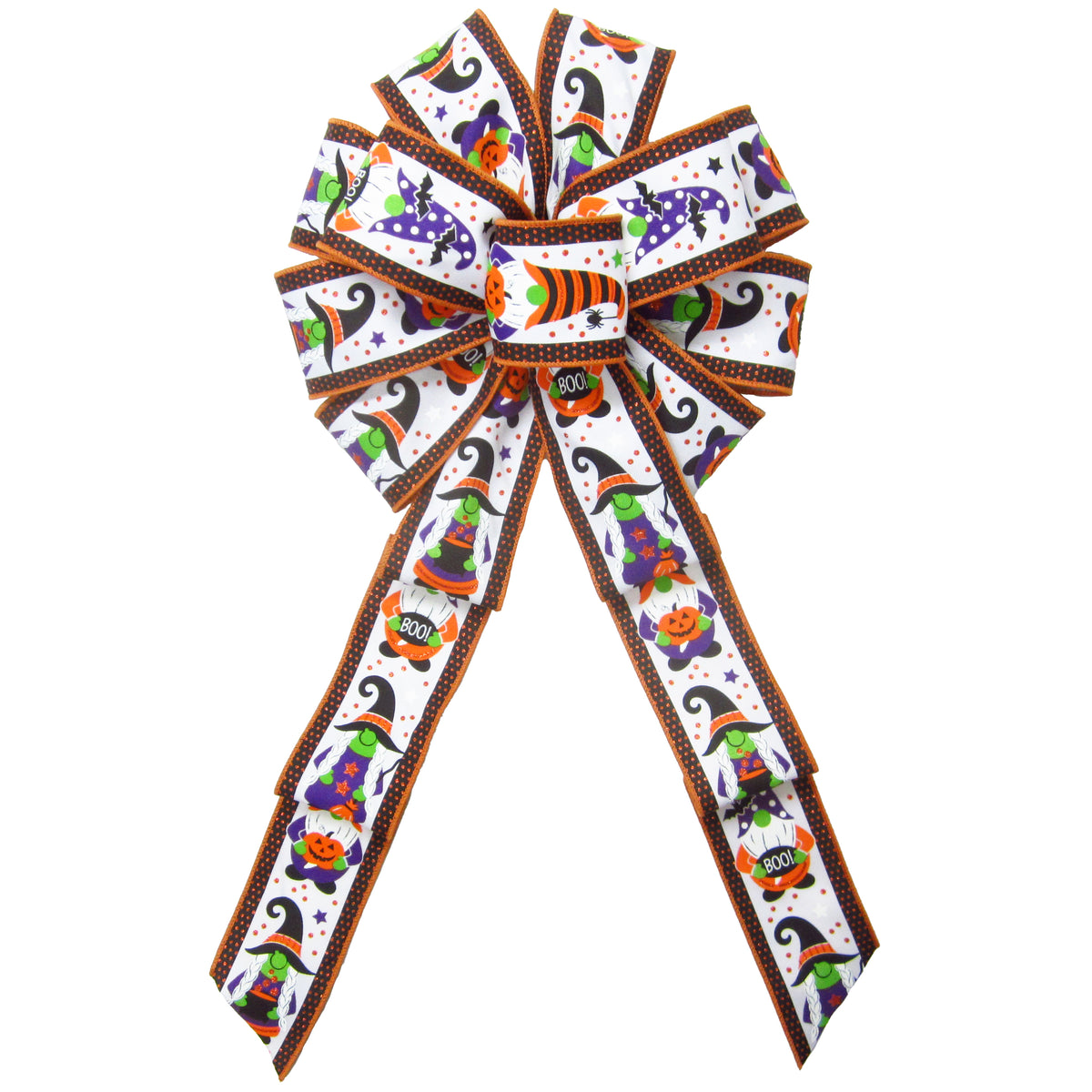 Halloween Bows - Wired Halloween Gnomes & Witches on Orange Dots Bow 10"