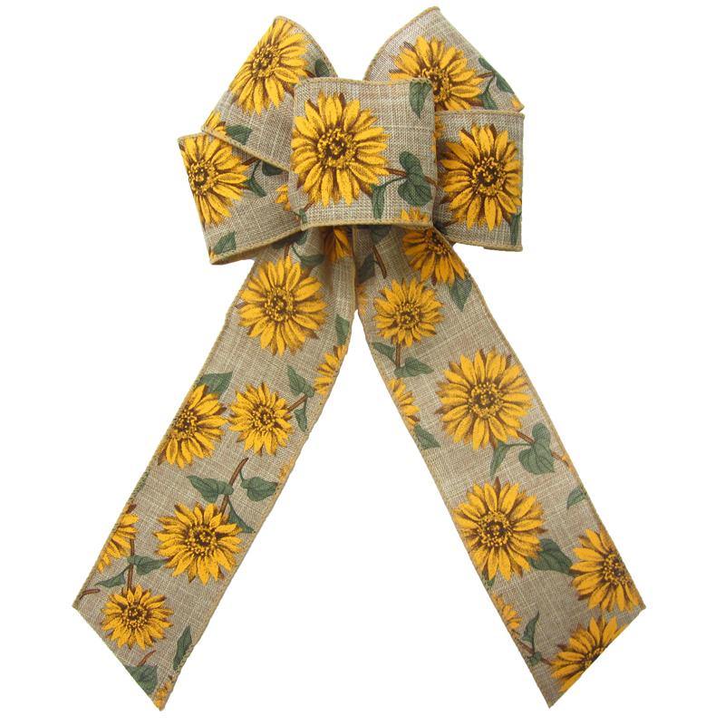 Fall Bows - Harvest Bows - Wired Natural Linen Painted Sunflowers Bow 6 ...