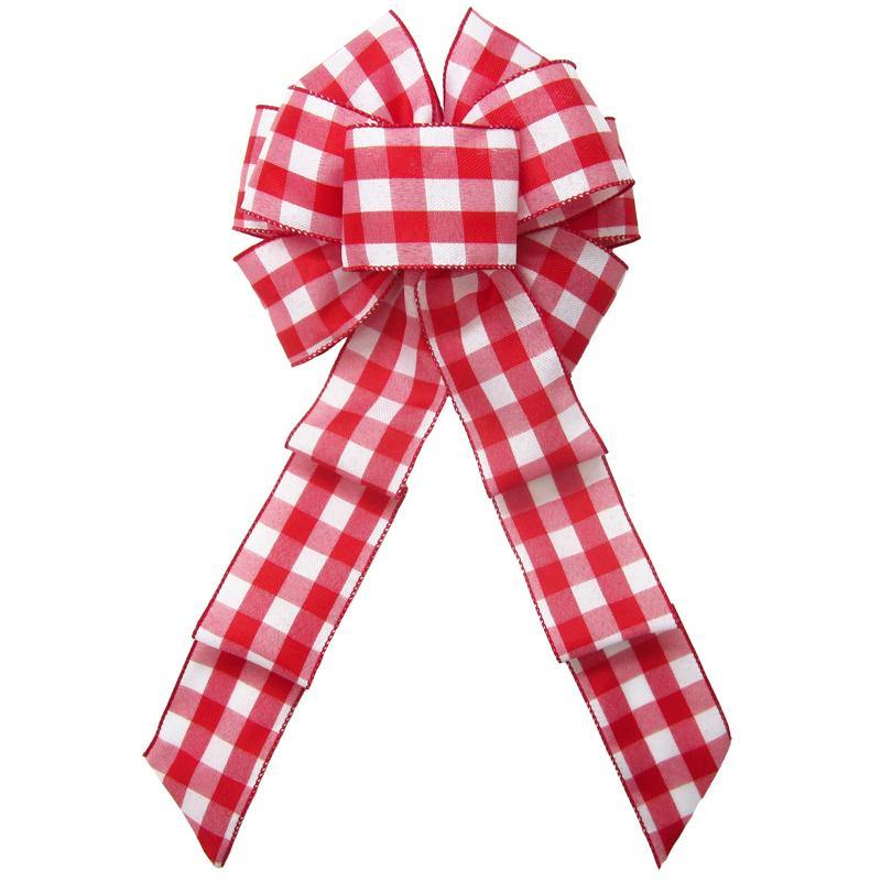 Spring Bows - Wired Buffalo Plaid Red & White Linen Bow 8"