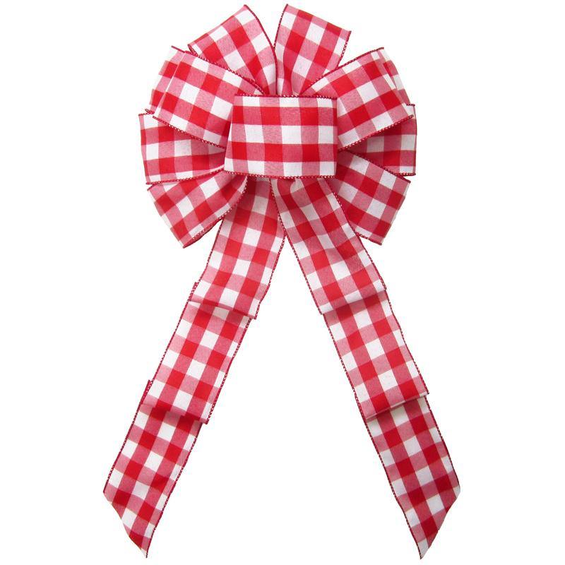 Spring Bows - Wired Buffalo Plaid Red & White Linen Bow 10"