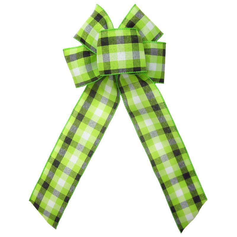Spring Bows - Wired Springtime Plaid Lime Green Wreath Bows 6 Inch